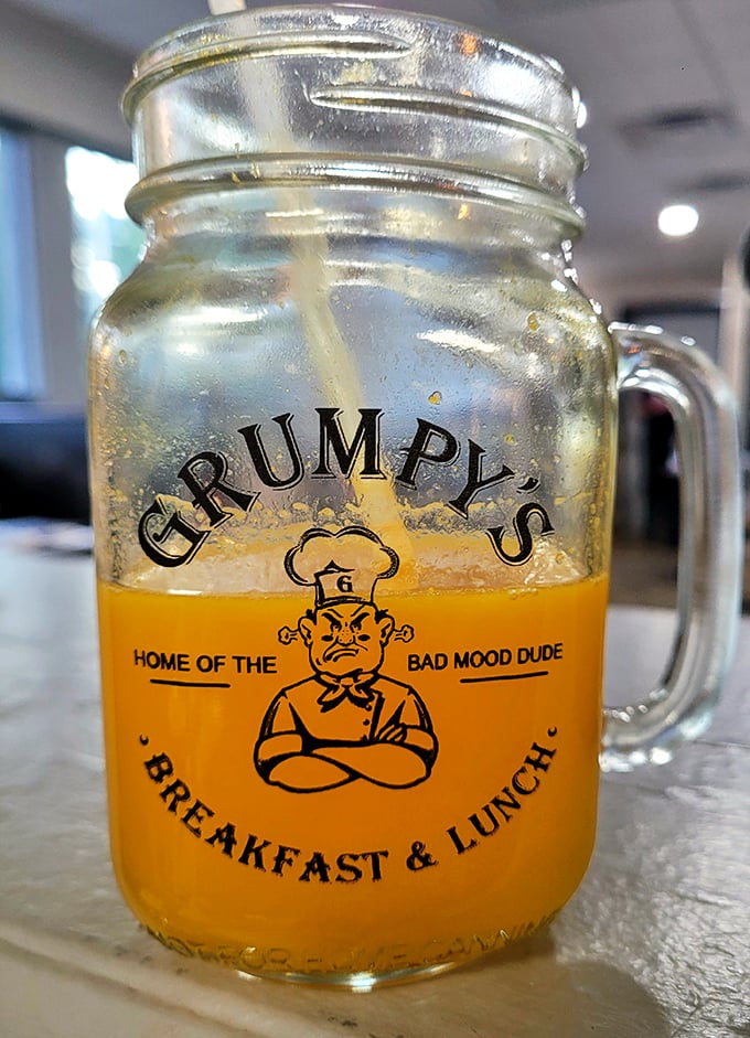 Home of the Bad Mood Dude but serving sunshine in a glass. Fresh-squeezed orange juice in a mason jar—Florida breakfast perfection.
