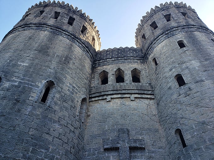 The castle's impressive height becomes apparent when viewed from below. Those towers weren't built for defense—they were built for awe.