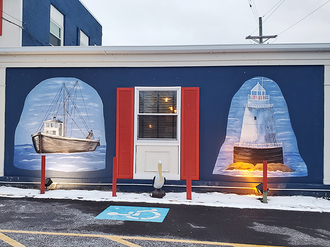 Those whimsical murals of boats and lighthouses transport diners straight to a New England fishing village fantasy.
