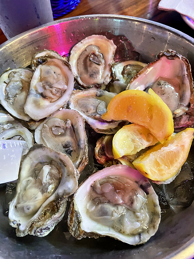 Oysters arranged like precious jewels in their metal treasure chest. Each one a briny little promise that the ocean still loves us.