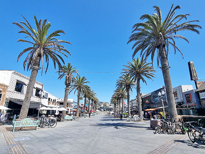 Pier Avenue's palm-lined promenade—where bicycles outnumber cars and "rushing" means getting to happy hour before the crowds.