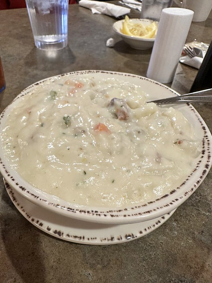 Potato soup so creamy it borders on scandalous. Each spoonful is a warm embrace on a cold Ohio day – the kind of soup that makes you cancel afternoon plans.