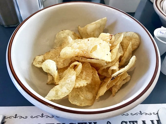 Sometimes the simplest pleasures are the best – these house-made potato chips crackle with the sound of lunch done right.
