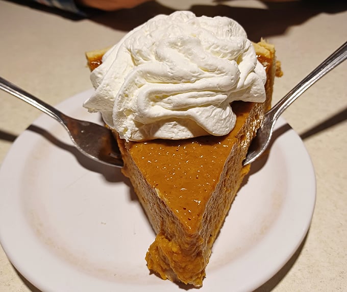 This isn't just pumpkin pie – it's autumn on a plate, topped with a cloud of whipped cream that makes every forkful a perfect bite.