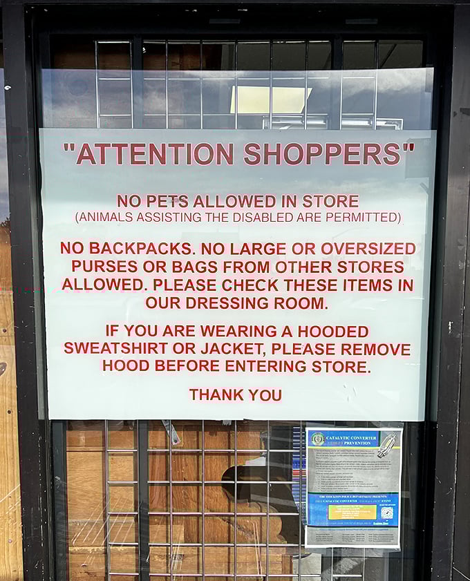 The rules of engagement for serious thrifting. No hoods, no backpacks, no pets—just you and your bargain-hunting instincts.