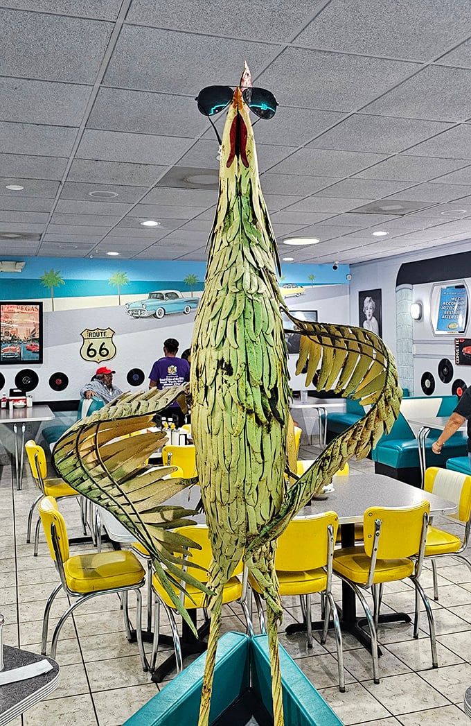 The rooster mascot sporting sunglasses isn't just decoration—he's the unofficial mayor of Egg City, overseeing breakfast operations with poultry panache.
