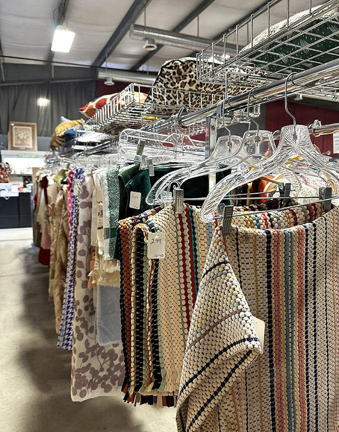 Textiles and linens hanging like art in a gallery. These aren't just rugs and curtains—they're room transformations on a budget.
