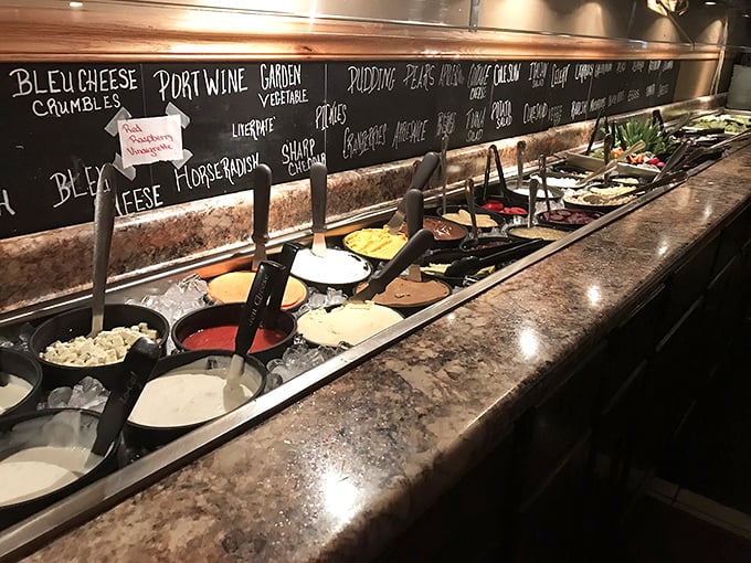 A salad bar that respects the art of condiments. Blue cheese crumbles and horseradish—because vegetables should never be boring.