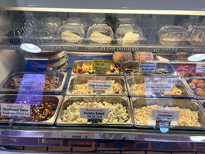 The display case offers a choose-your-own-adventure of sides and sweets—proving that supporting actors can sometimes steal the show.