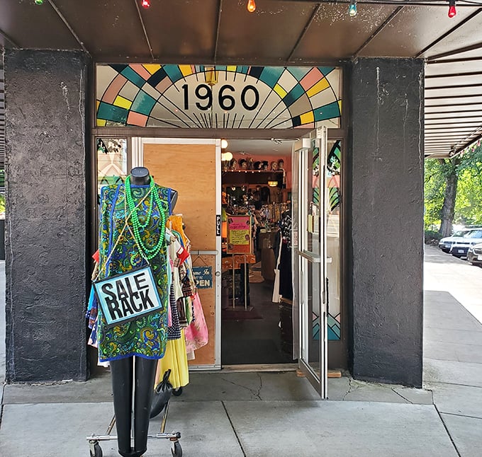 The "Sale Rack" outside is like a gateway drug to serious vintage addiction. That psychedelic print dress is calling your name from 1968.