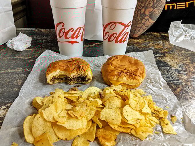 Classic combo perfection – sandwich, chips, and Coca-Cola creating the holy trinity of comfort food satisfaction.