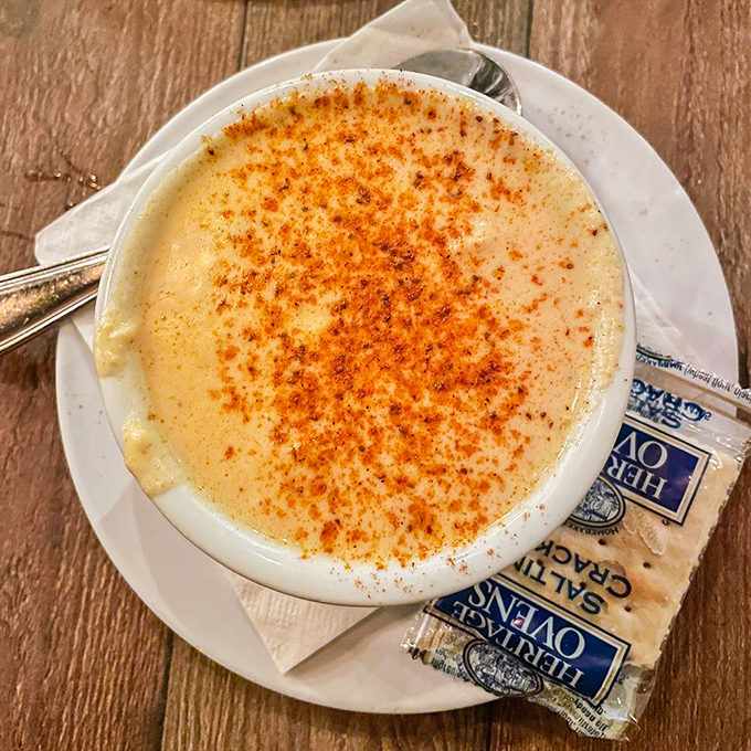 This she-crab soup, dusted with paprika, isn't just a starter – it's a velvety hug in a bowl that makes you forget all your worries.