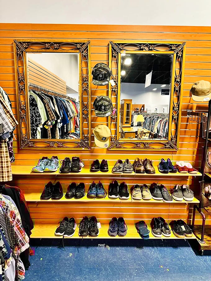 The shoe section – where perfectly good footwear gets its second chance at sidewalk fame.