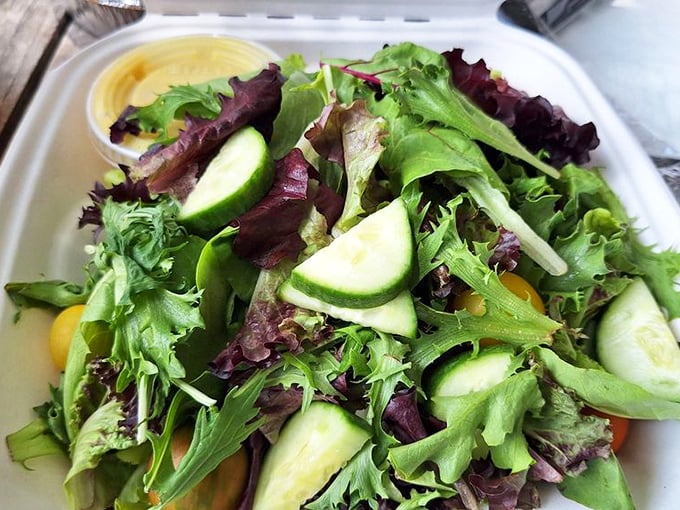 Even the side salad gets special treatment here—fresh greens, crisp cucumber, and a sense that someone actually cared about this often-overlooked plate companion.