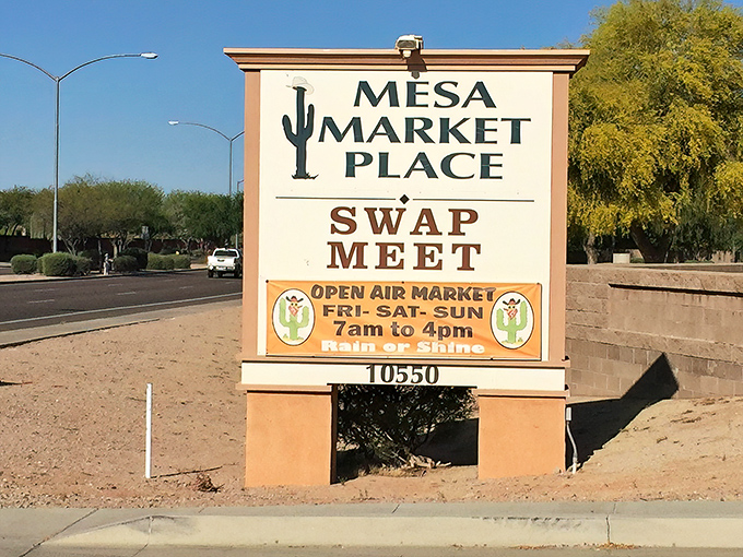 The sign says it all—open rain or shine, because treasure hunting waits for no one, not even Mother Nature herself.