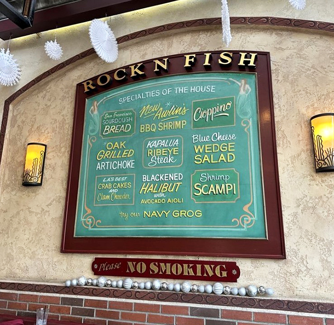The "Specialties of the House" board reads like a greatest hits album of seafood classics – with the Navy Grog getting equal billing with the culinary stars.