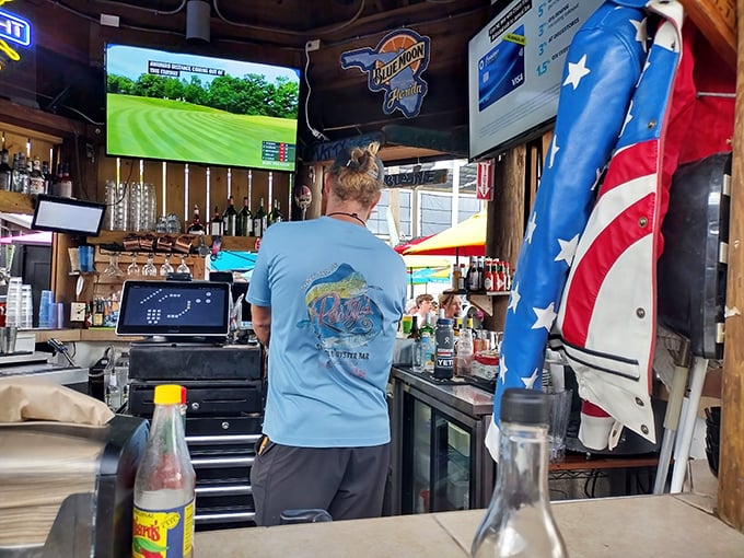 The staff at Rusty's wear their coastal pride on their sleeves – literally – as they navigate between tables with trays of oceanic treasures.