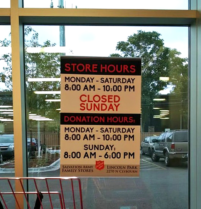 The store hours sign—memorize these times like sacred text if you want first dibs on fresh donations or last-minute markdown treasures.
