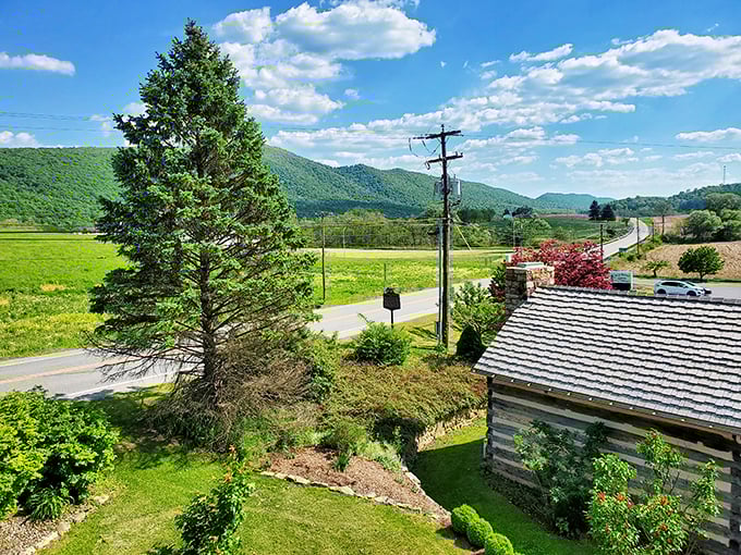 The view that makes you understand why settlers stopped here—rolling Pennsylvania hills unfold like a living landscape painting from the tavern's perfect perch.
