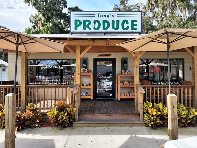 Tony's Produce Market showcases Florida's bounty under charming wooden awnings. Farm-to-table isn't a trend here—it's just how things are done.
