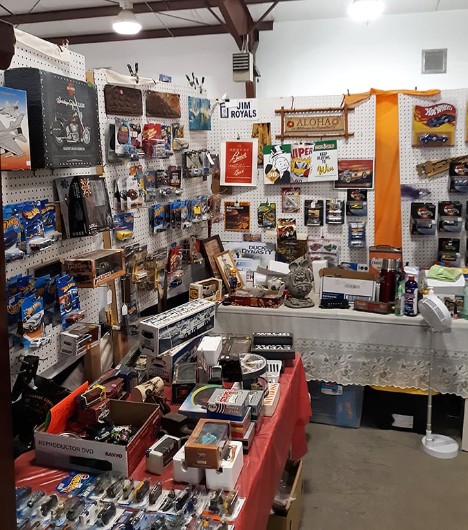 A collector's corner where childhood memories are priced to sell. Hot Wheels and memorabilia await their chance to start a second life.