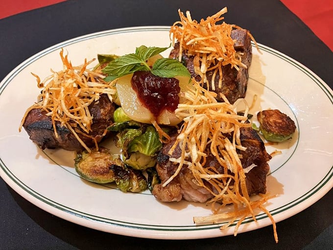 This trio of steak medallions topped with crispy onions isn't just dinner—it's what food dreams whisper about after dark.