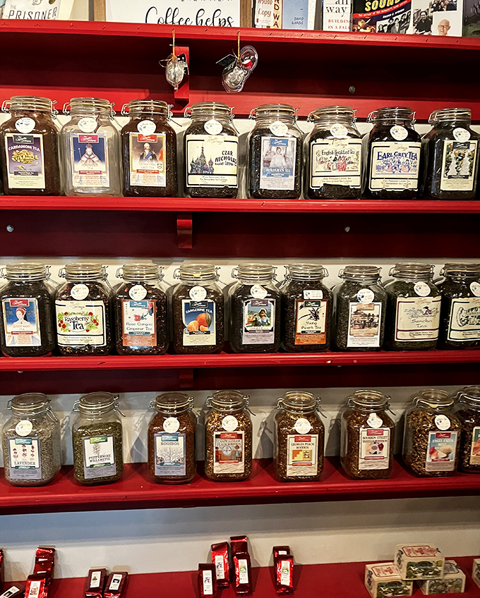 Tea jars lined up like soldiers ready for duty – proof that while coffee may be the star, the supporting cast deserves equal billing.