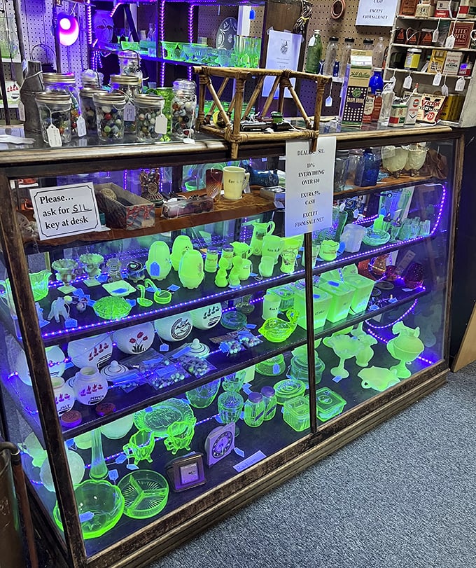 Under ultraviolet light, uranium glass glows with otherworldly charm—kitchen accessories with superpowers from grandma's era.