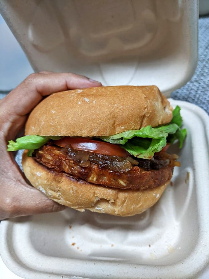 The veggie burger that doesn't apologize for being meatless—it's too busy winning over skeptics one bite at a time.