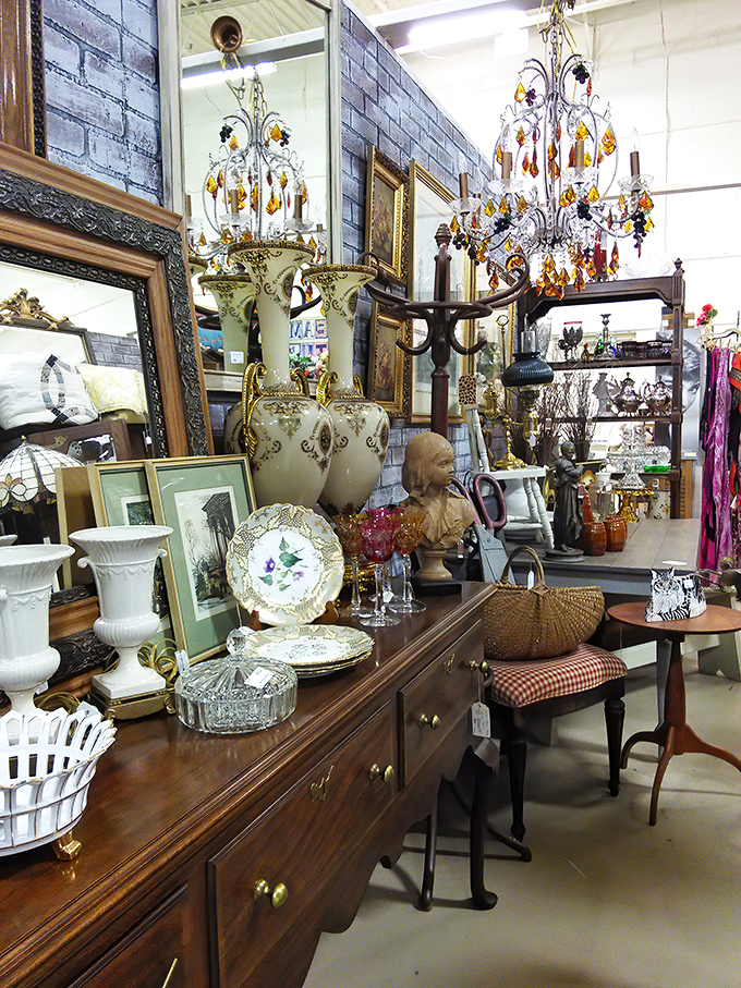 Elegance from another era – crystal chandeliers and ornate vases await homes where they'll become the "where did you find that?" conversation piece.