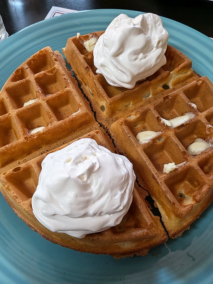Golden waffles crowned with clouds of whipped cream—breakfast that makes you wonder why anyone would ever settle for cereal.