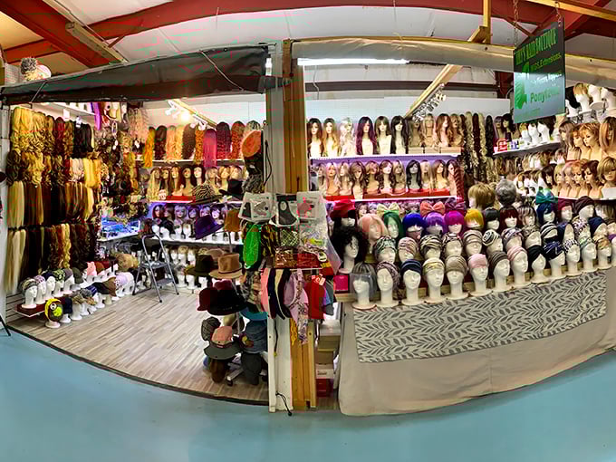 The wig wall presents a rainbow of reinvention possibilities – from subtle enhancements to bold transformations, all waiting patiently on their mannequin hosts.