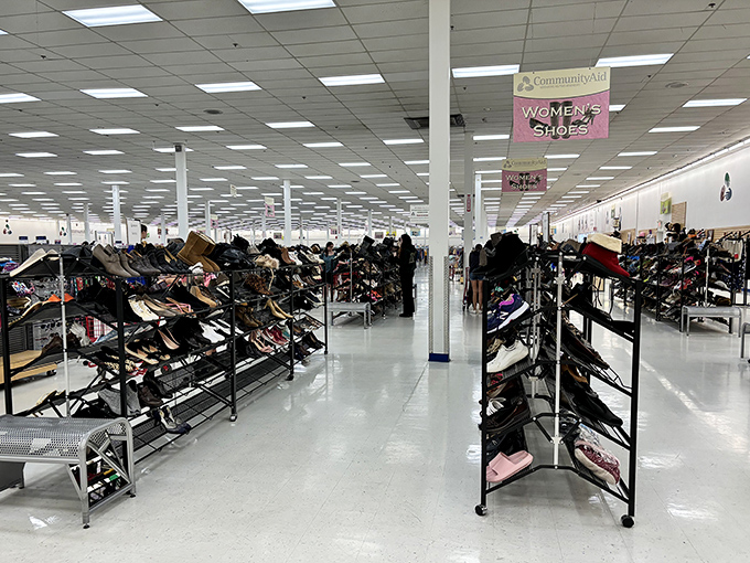 The shoe section stretches to the horizon, a footwear fantasyland where practical flats mingle with party heels in a comfortable second-chance saloon.
