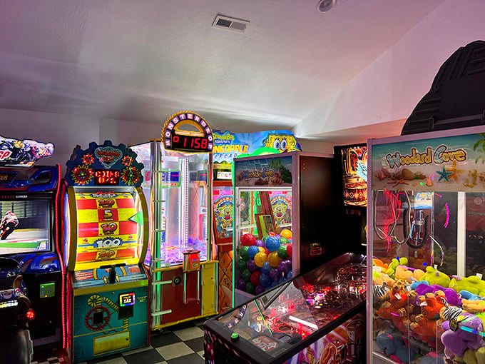 The arcade corner proves that while food feeds the stomach, the flashing lights of pinball machines feed the eternal teenager in all of us.