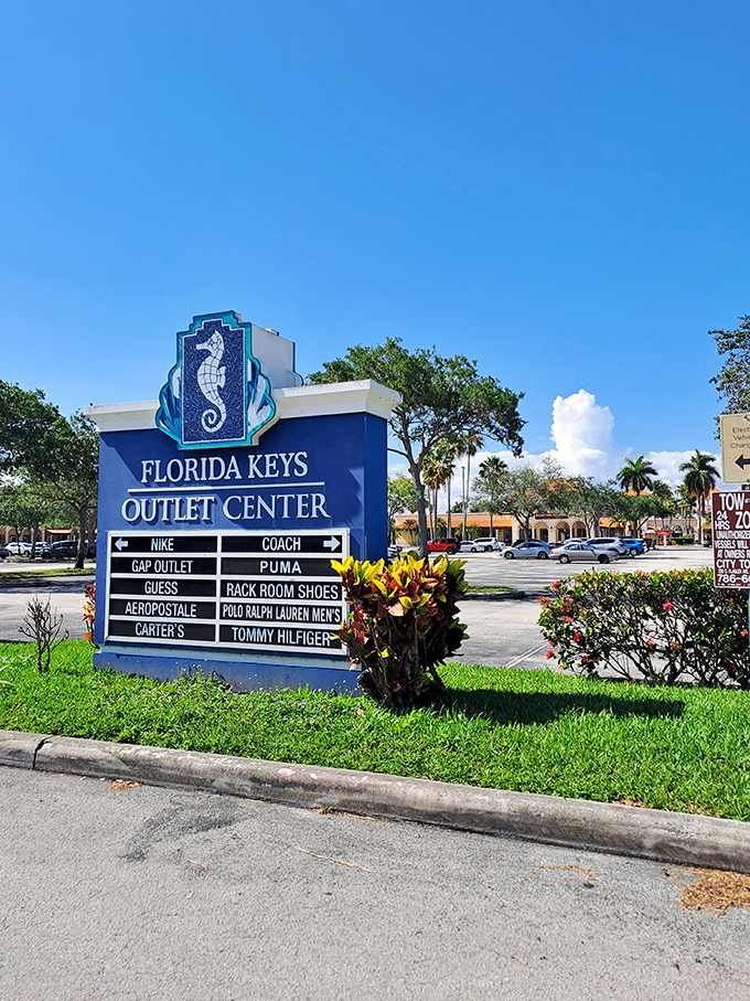 The seahorse sign says it all—you've arrived at shopping paradise. This directional marker ensures you won't miss a single bargain opportunity.