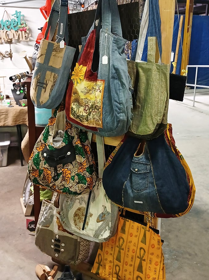 Handcrafted bags hanging like colorful fruit—each one promising to be that perfect tote for groceries, beach trips, or smuggling snacks into movies.