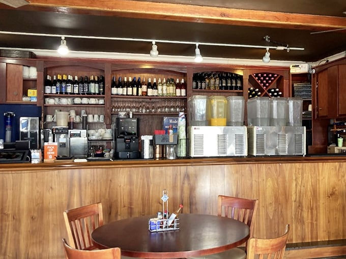 A bar stocked not just with spirits but with possibilities—each bottle promising its own coastal adventure in a glass.