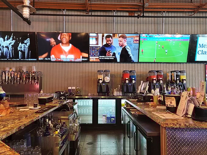 A bar stocked for serious business. Those taps aren't just beer dispensers—they're happiness delivery systems for thirsty sports fans.