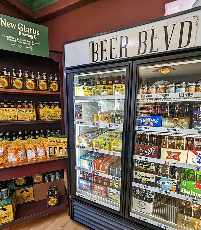 "Beer Blvd" isn't just a refrigerator—it's a shrine to Wisconsin's other religion, featuring local brews that pair perfectly with everything cheese.