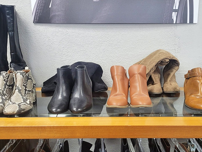 Boot boulevard showcases leather in every shade—from snakeskin statement pieces to practical ankle boots ready for Indiana weather.