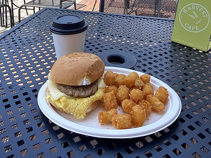 Breakfast sandwich perfection with a side of golden tots. This plate doesn't just say good morning—it shouts "TODAY WILL BE AMAZING!"