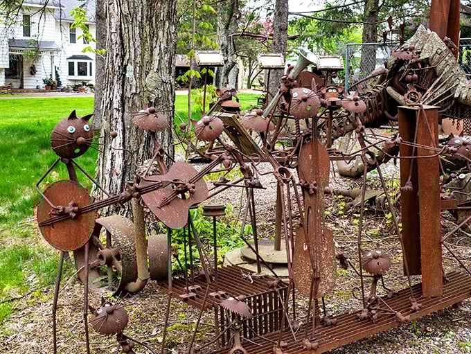 The world's most unusual orchestra features these rusty feline musicians, ready to serenade visitors with mechanical melodies among the trees.