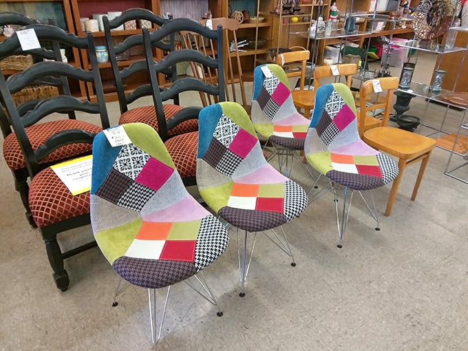 Mid-century meets patchwork modern. These chairs aren't just seating—they're conversation starters waiting to happen in your dining room.