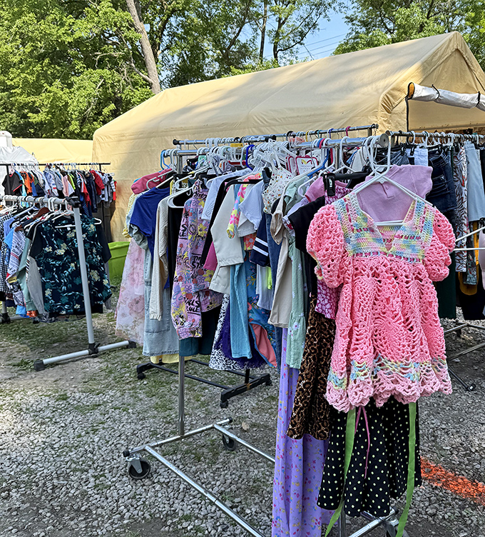 Childhood nostalgia on hangers—that pink crocheted dress might have been someone's Easter best before finding its way to this second-chance runway.