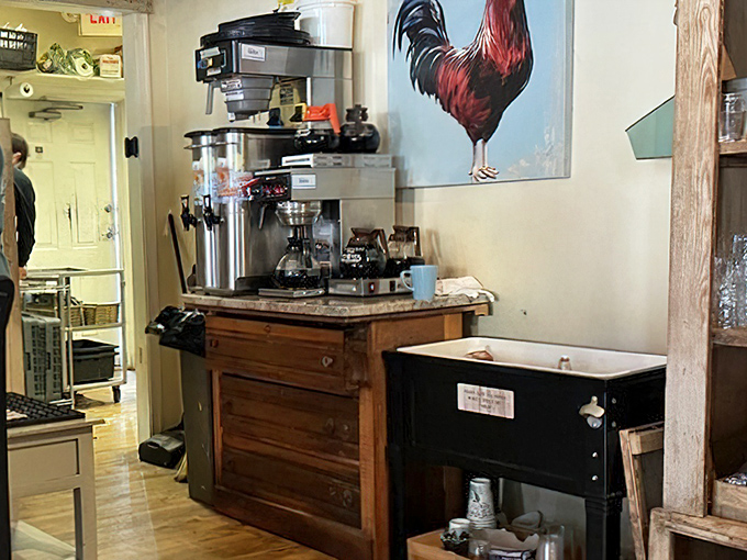 The coffee station—command central for morning revival. That rooster artwork keeps watch over the liquid lifeline of breakfast.