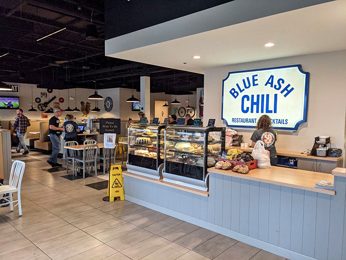 The counter area—where chili dreams are born and the staff orchestrates that beautiful dance between kitchen and hungry customers.