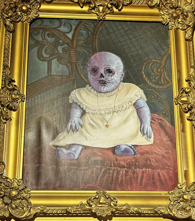 Victorian-era portraiture takes a delightfully disturbing turn with this elegant gold-framed monstrosity in baby clothes.