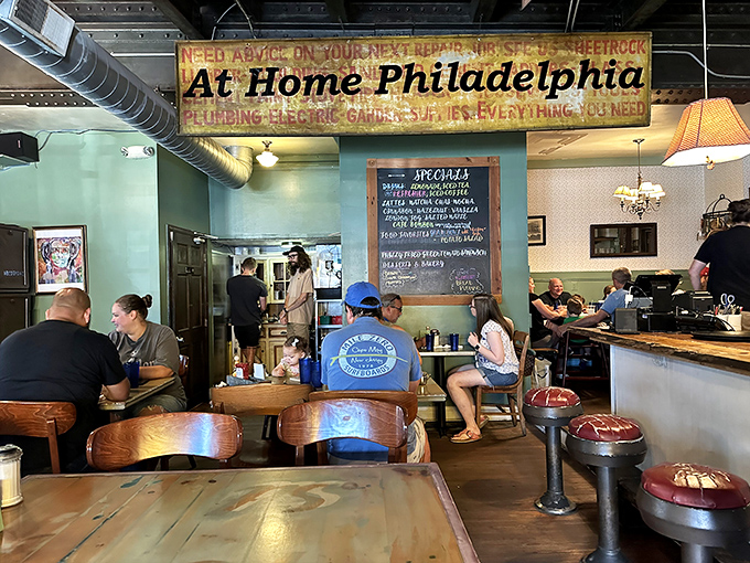 The "At Home Philadelphia" sign says it all – this is where locals come to remember why they fell in love with their city.