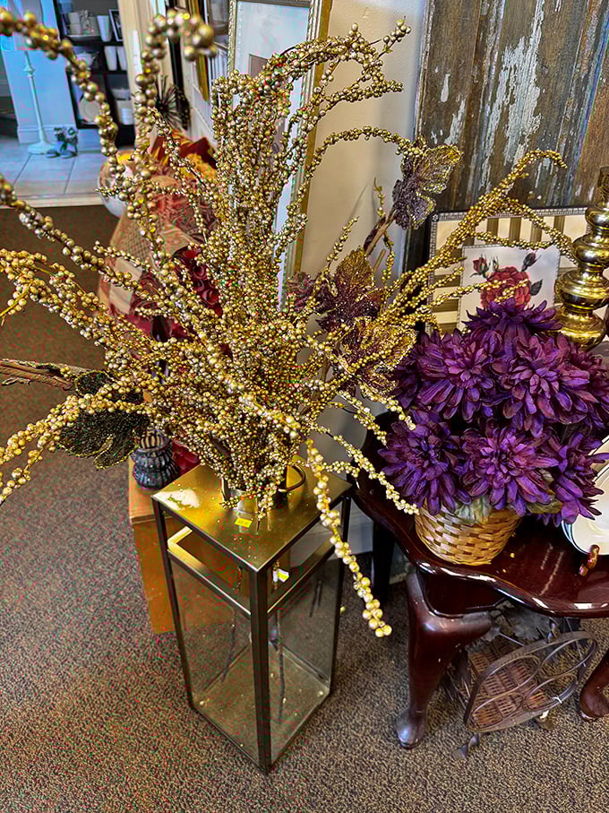 Golden branches and purple blooms create instant drama for any tabletop. Décor that dazzles without the designer price tag.