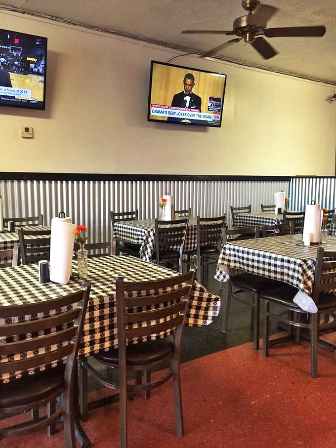 Black and white checkered tablecloths—the international symbol for "serious eating is about to happen."